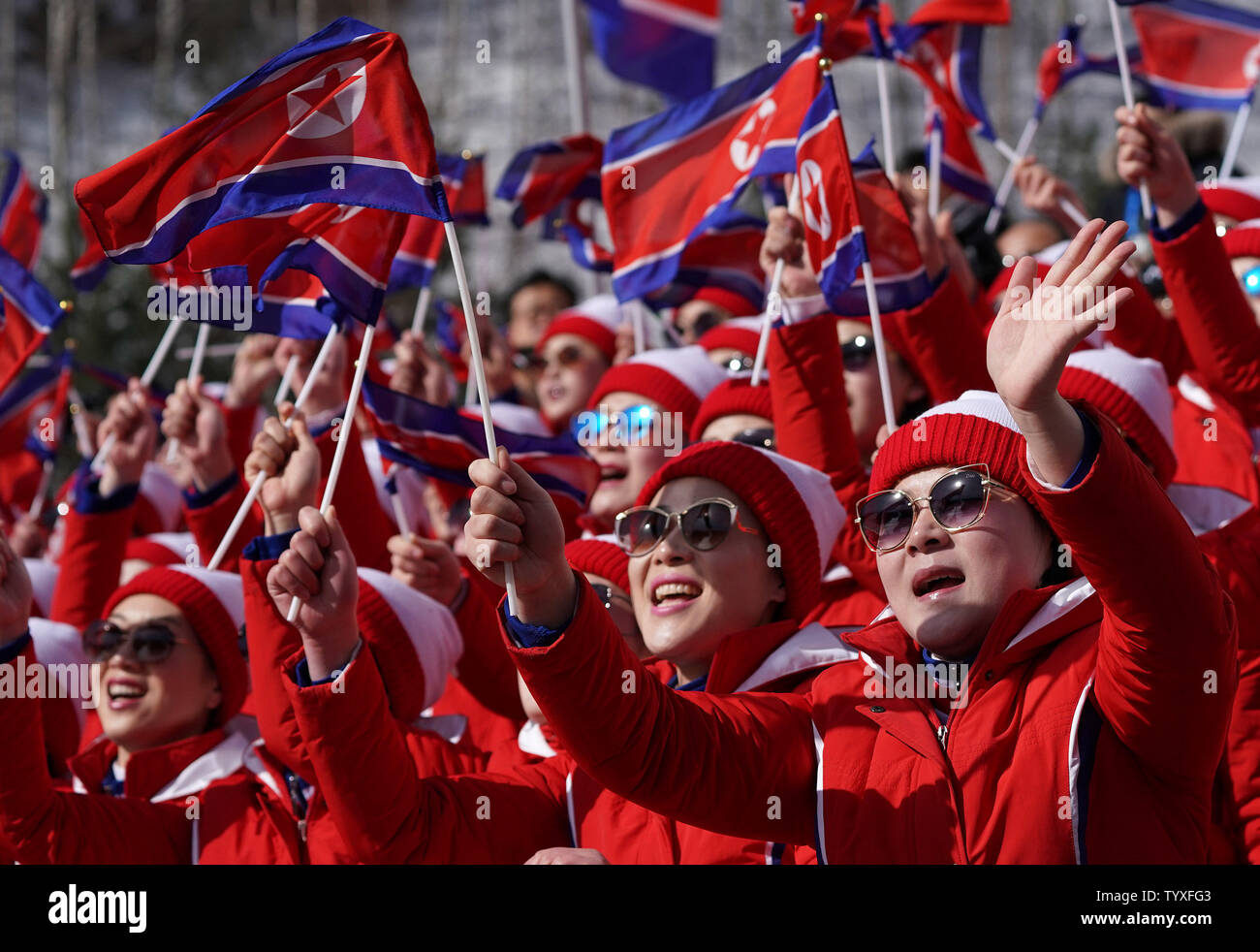 North Korean cheerleaders cheer during the Ladies' Slalom at the ...