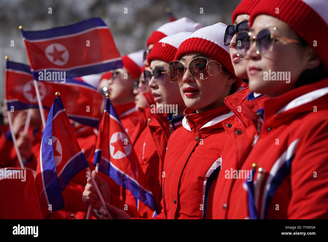 North Korean cheerleaders cheer during the Ladies' Slalom at the ...