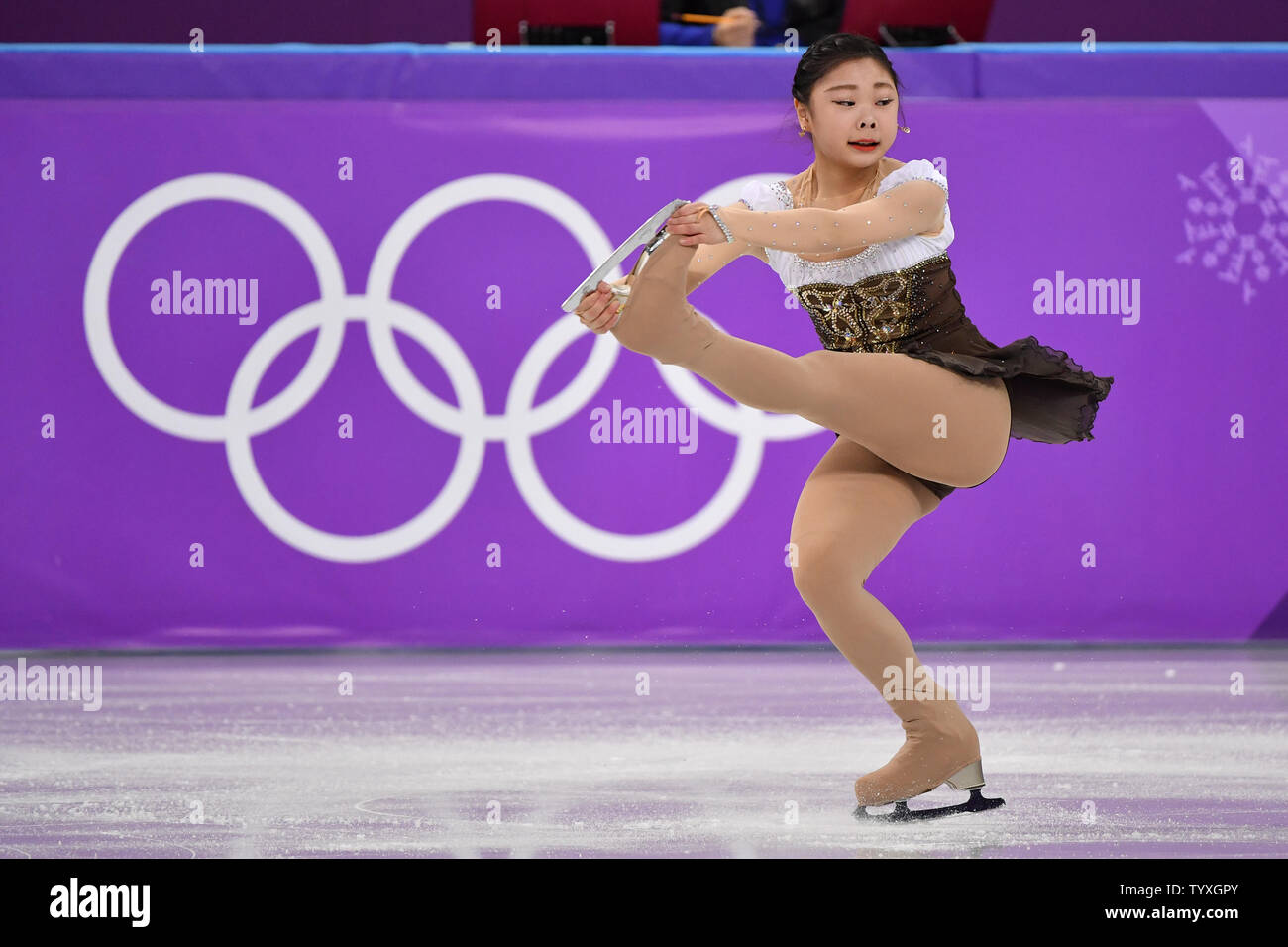 Hanul Kim of Korea competes in the Ladies Single Skating Short Program ...