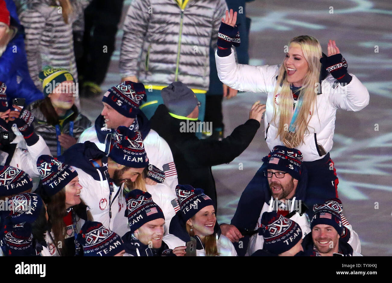 Lindsey Vonn and athletes from the United States arrive at the closing ...