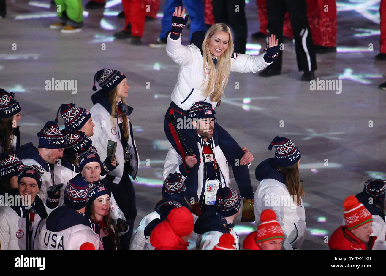 Lindsey Vonn and athletes from the United States arrive at the closing ...