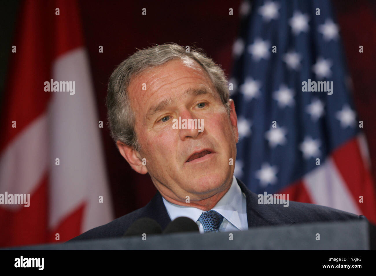 U.S. President George W. Bush talks about trade at the Lester B ...