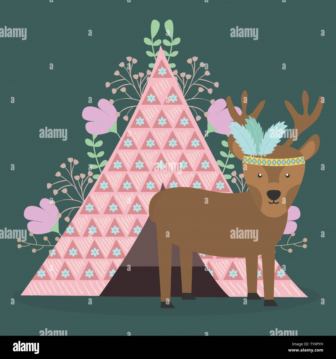 reindeer with feathers hat and tent indian vector illustration design ...