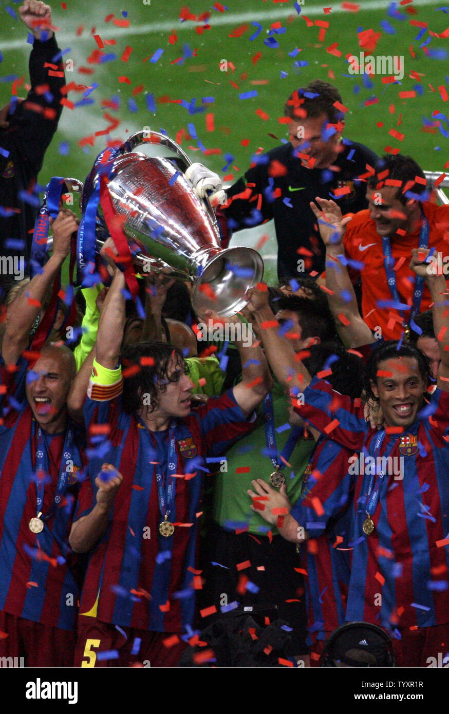 FC Barcelona hold the trophy at the end of their UEFA Champions League ...