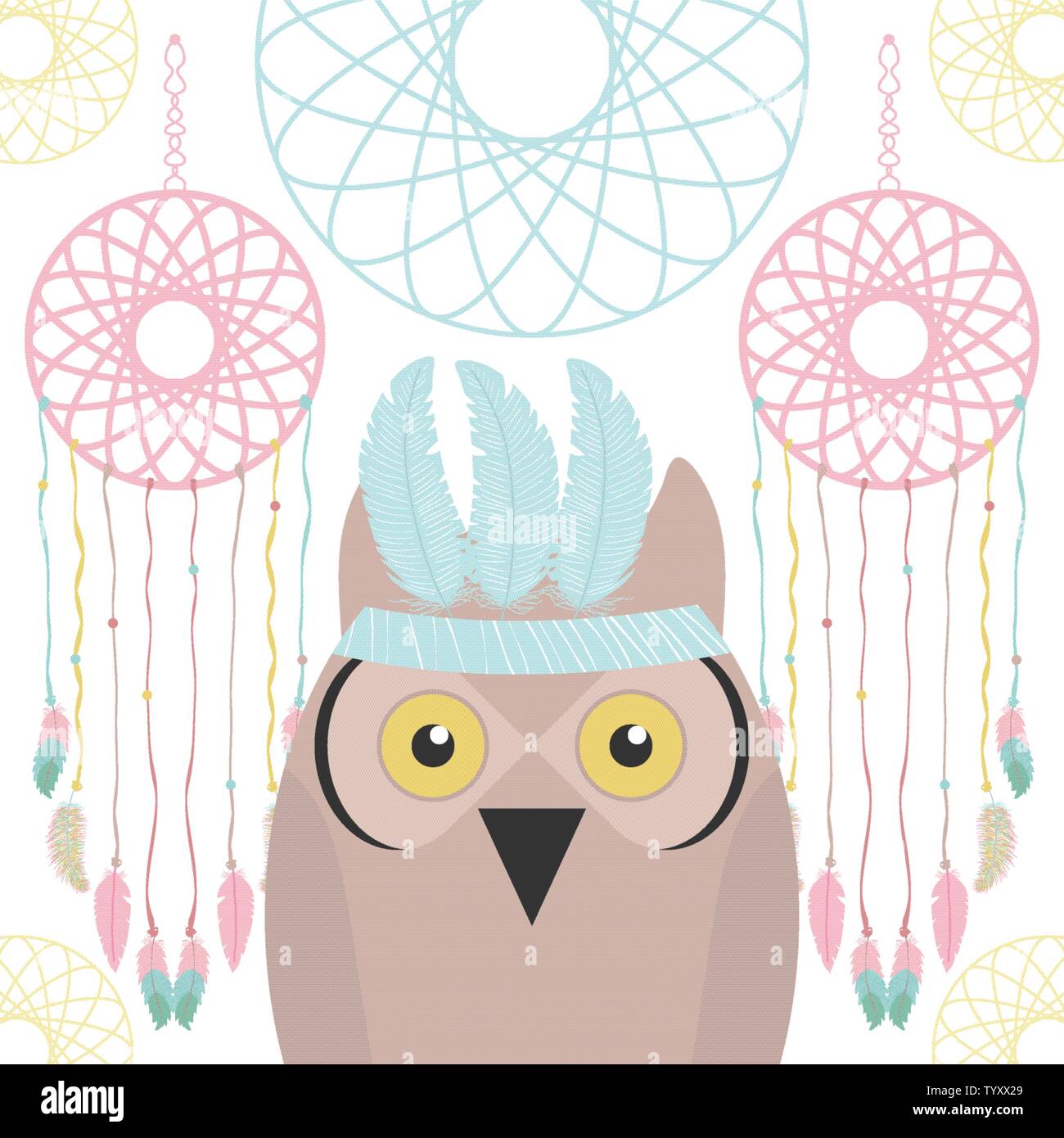 owl bird with feathers hat and mandalas hanging vector illustration ...
