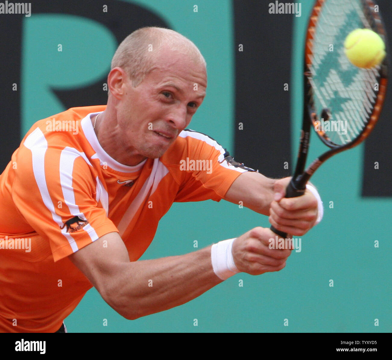 Russian Nikolay Davydenko hits a backhand during his semi-final match ...