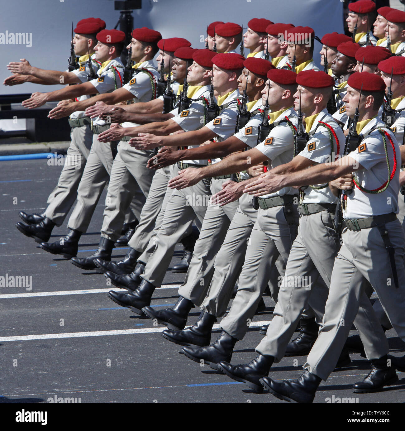 French soldiers march in the annual military parade at the Place de la ...