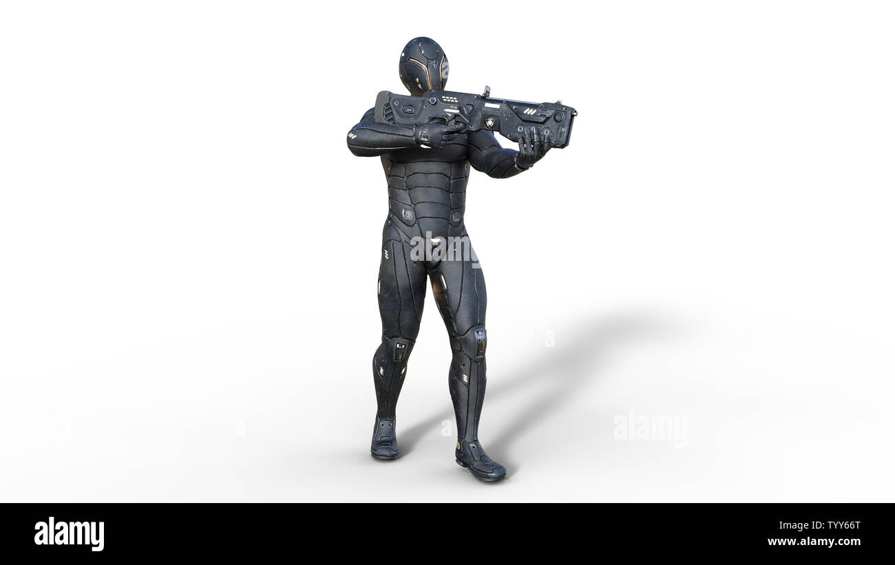 Futuristic android soldier in bulletproof armor, military cyborg armed ...