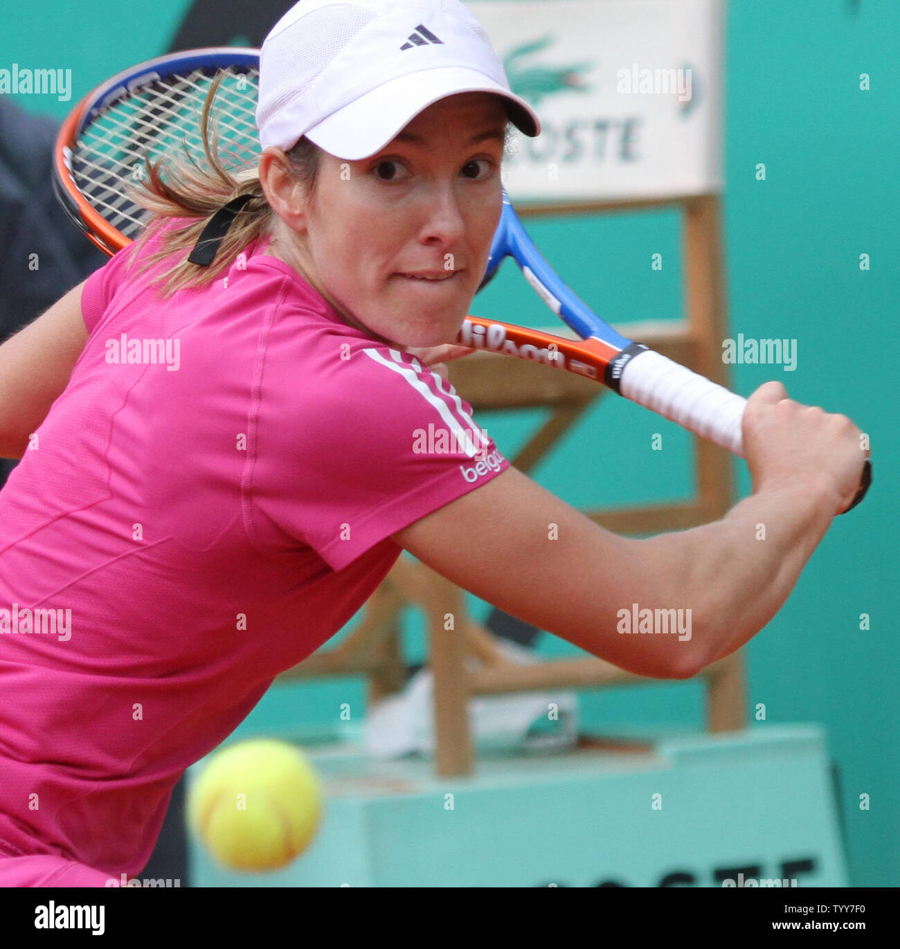 Belgian Justine Henin hits a shot during her French Open third-round ...