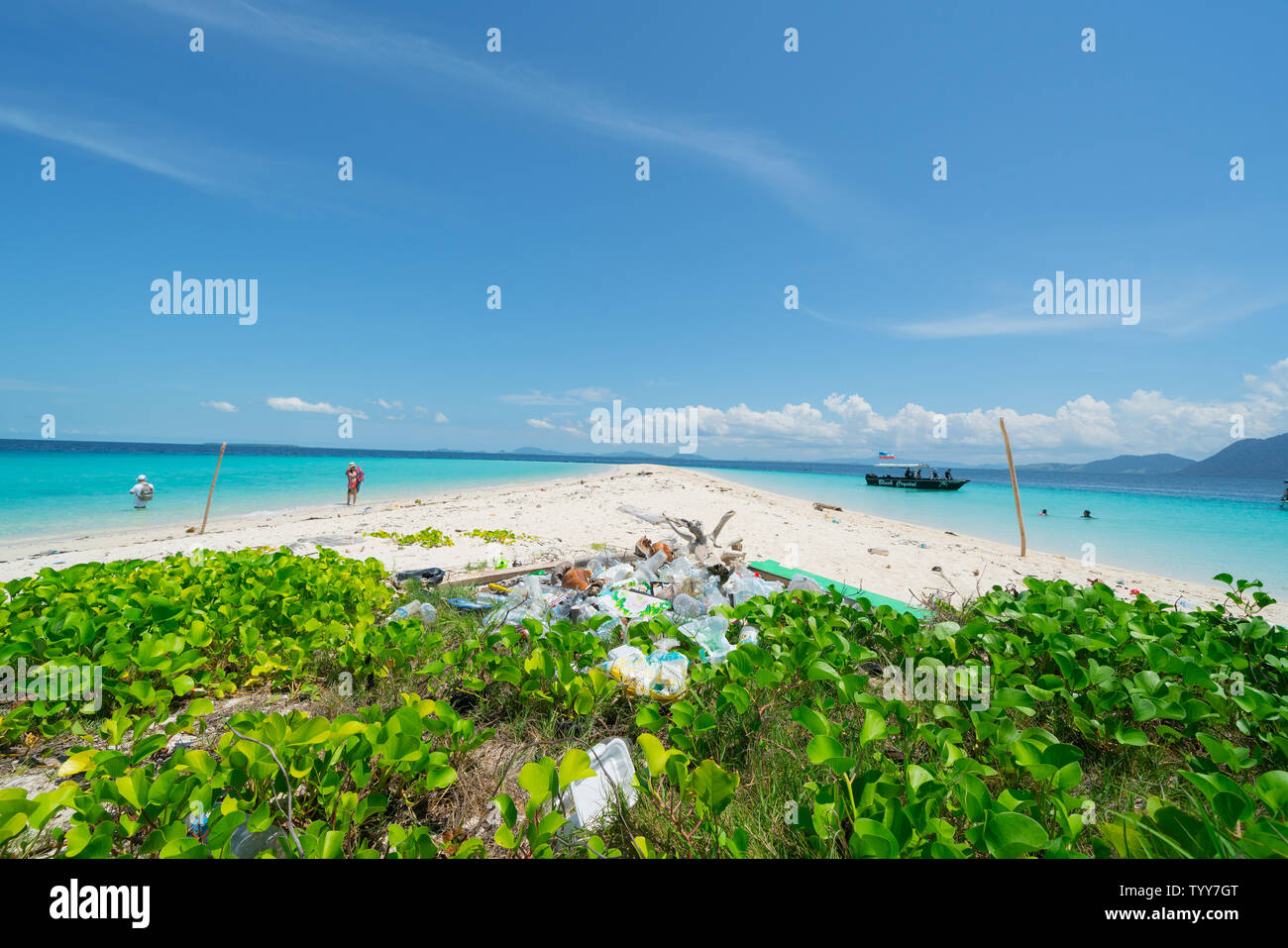 SIBUAN ISLAND BORNEO - MAY 11 2019; Pile of single use plastic bottles ...