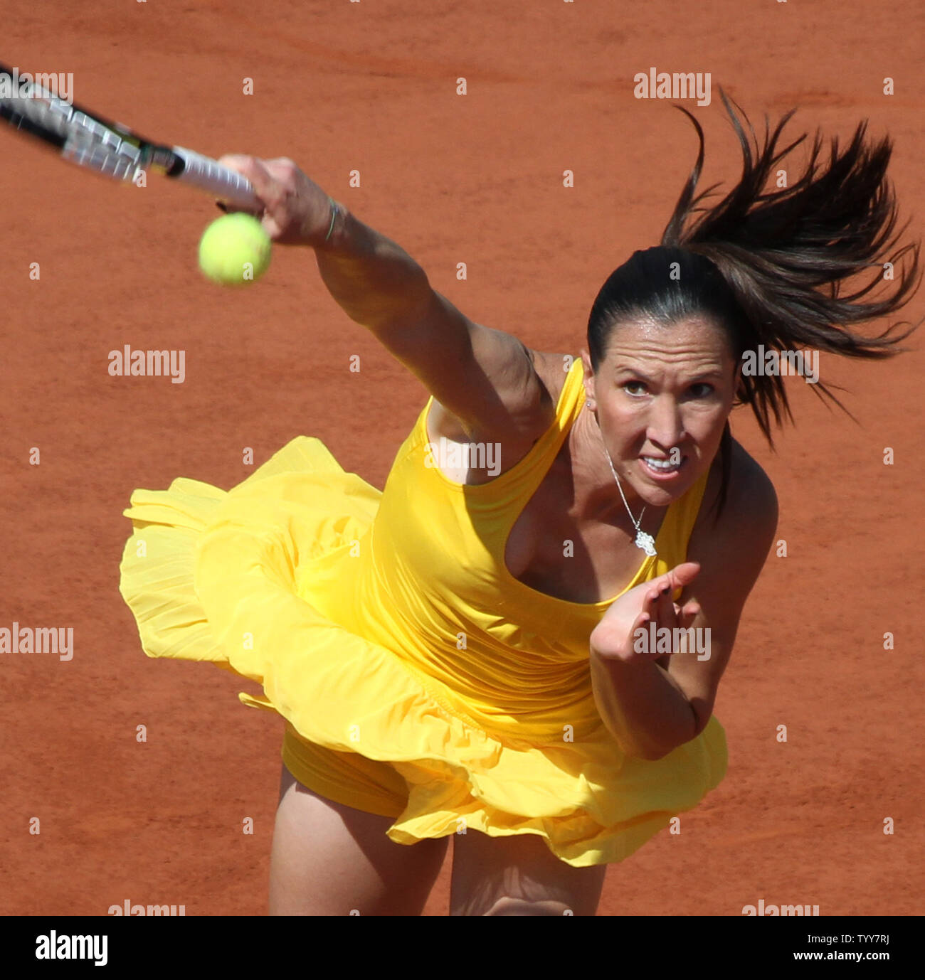 Serbian Jelena Jankovic hits a serve during her French Open semifinal ...