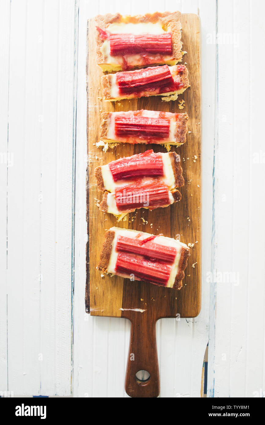 Rhubarb tart wth a rectangular shape, made with an italian crust a ...