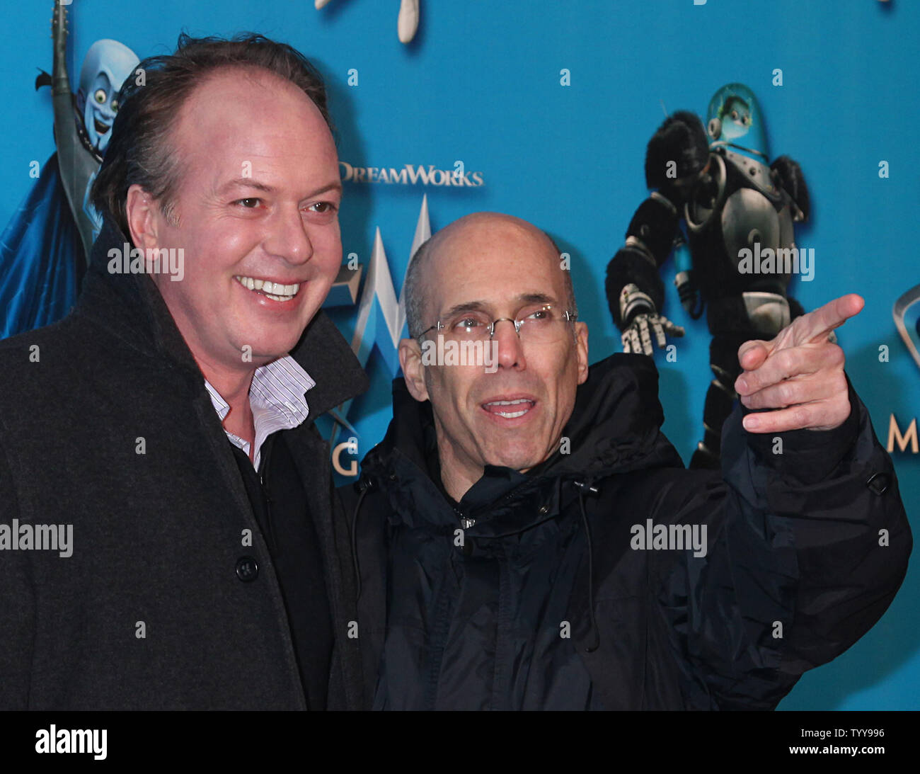 Tom McGrath (L) and CEO of DreamWorks Animation Jeffrey Katzenberg arrive at the French premiere ...