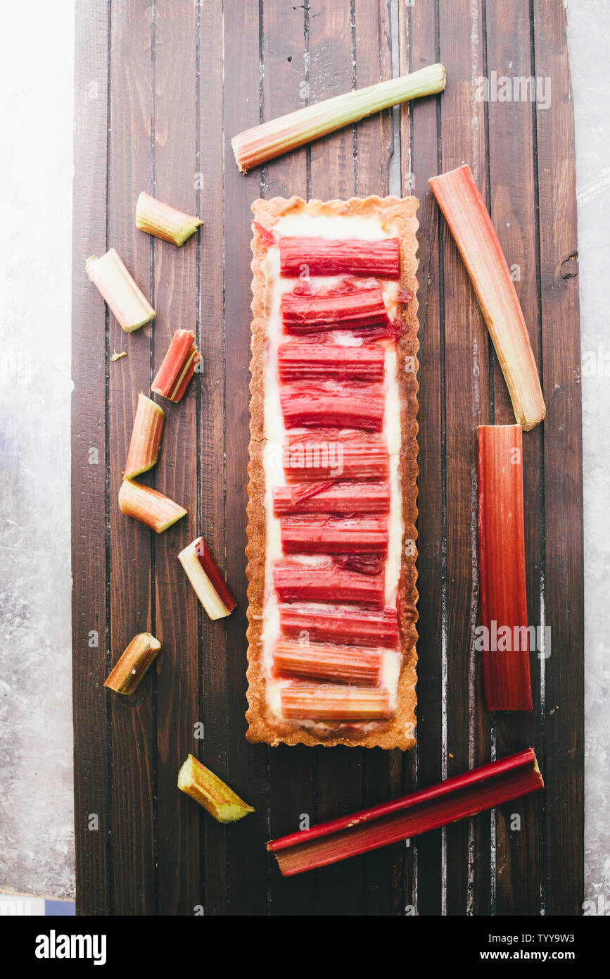 Rhubarb tart wth a rectangular shape, made with an italian crust a ...