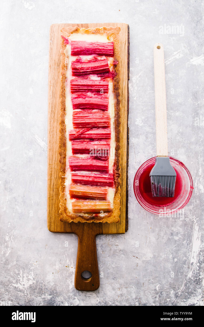 Rhubarb tart wth a rectangular shape, made with an italian crust a ...