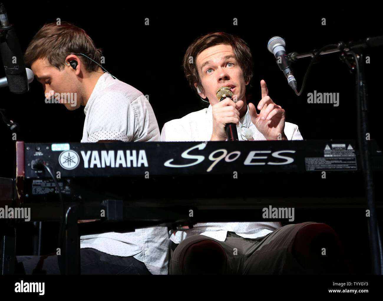 Andrew Dost (L) and Nate Ruess of the American indie pop band Fun ...