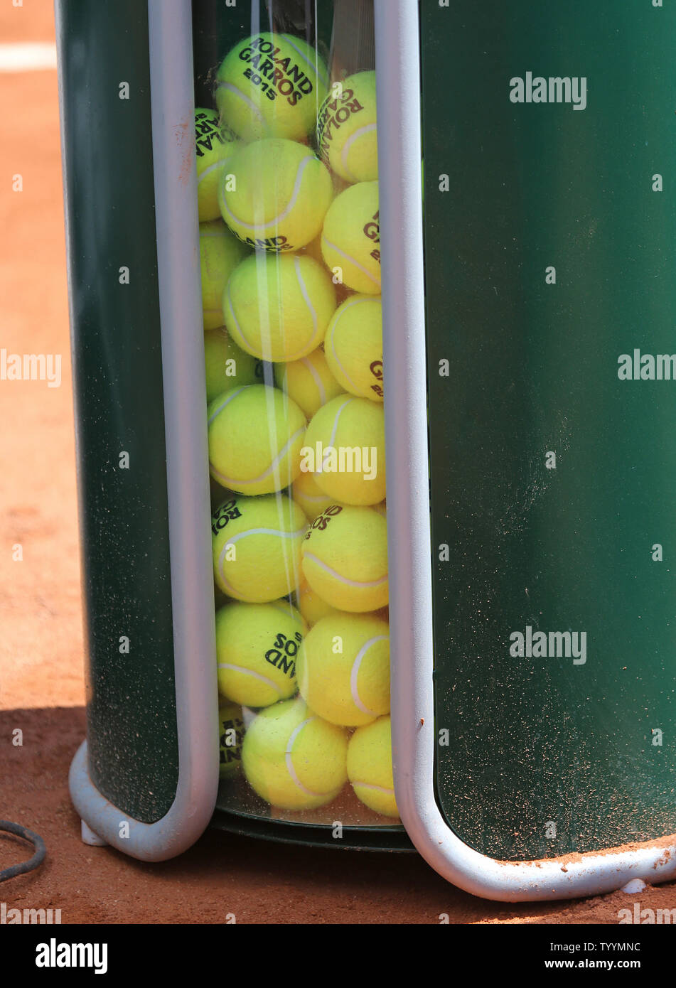 A container of used tennis balls is seen on Court Philippe Chatrier at ...