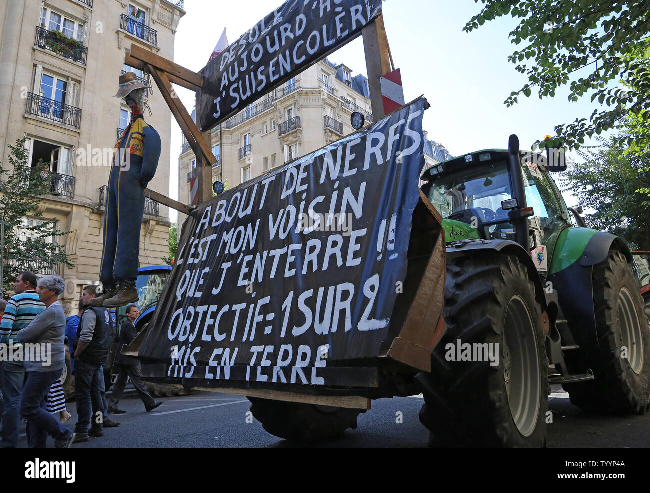 A tractor is seen parked near Place de la Nation during a protest ...