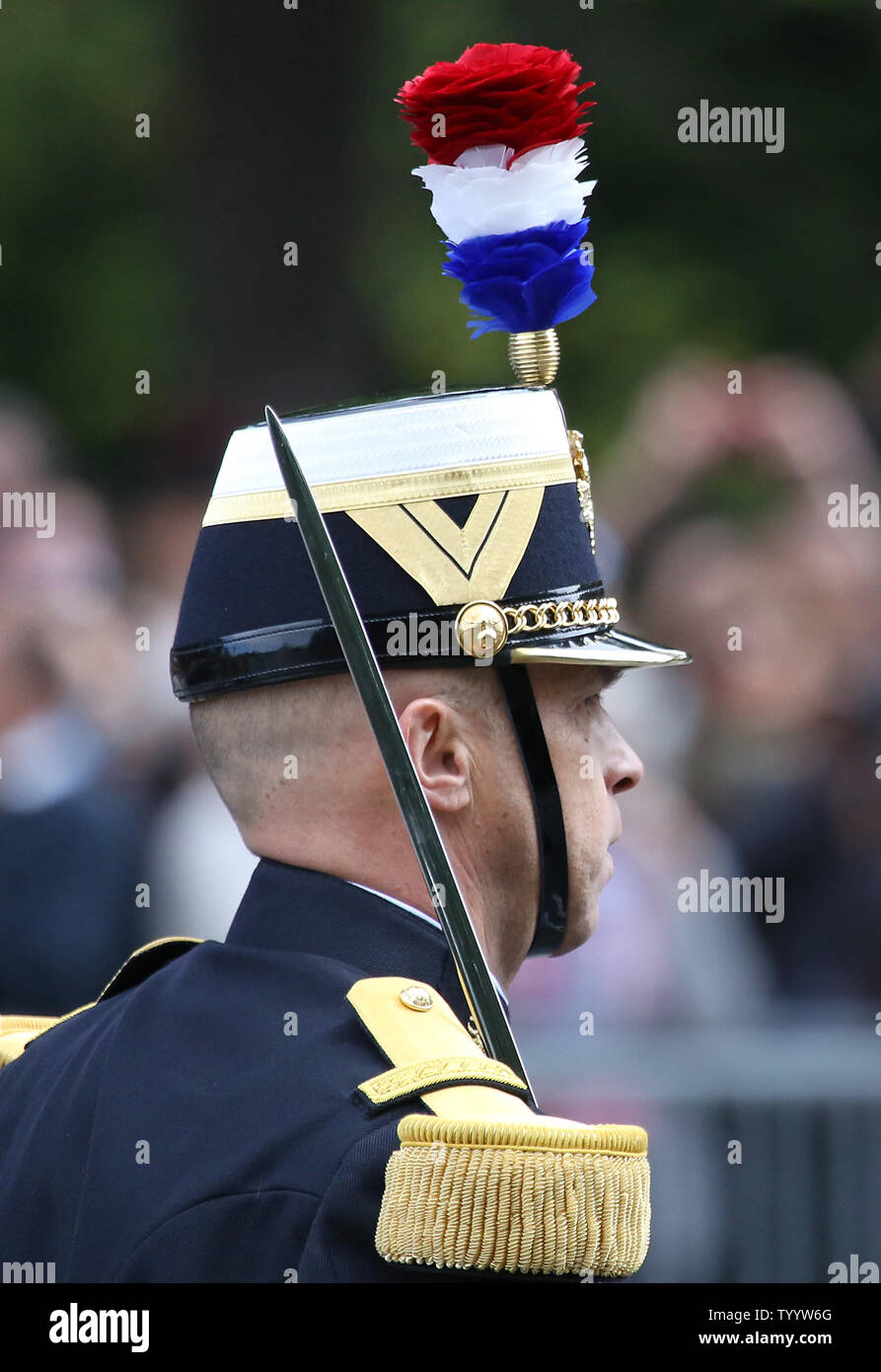 A French soldier marches during the annual Bastille Day military parade ...