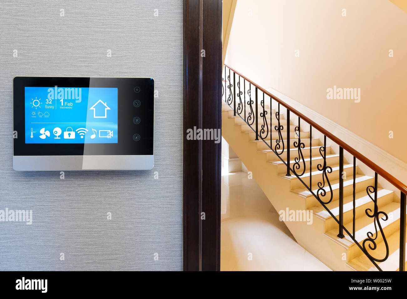 smart screen with smart home with modern staircase Stock Photo - Alamy