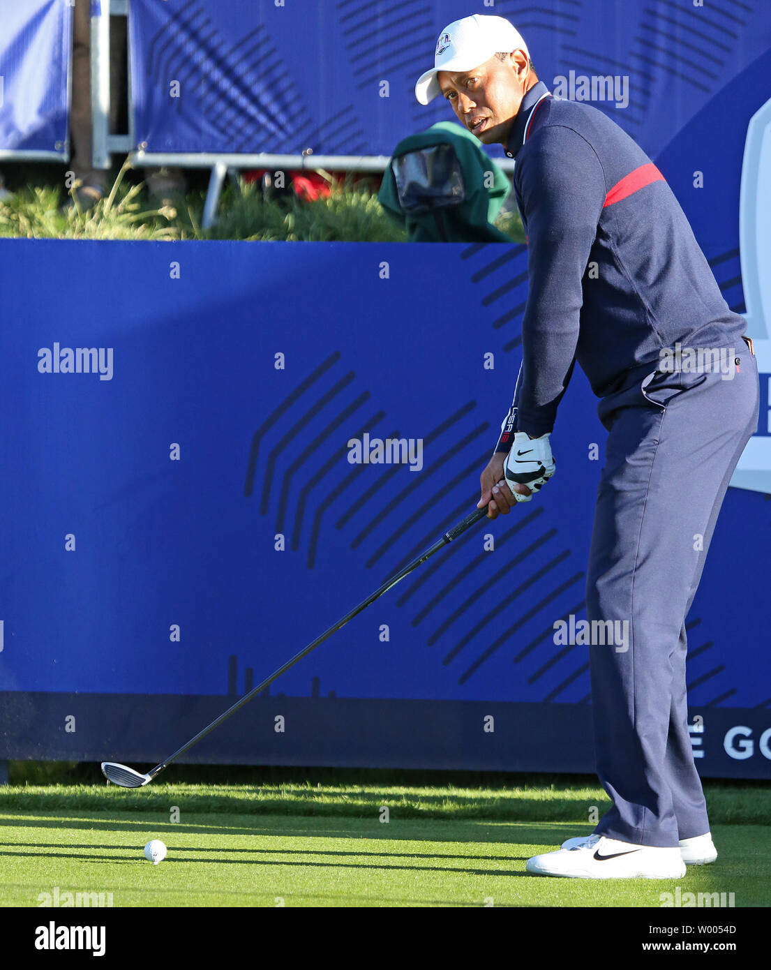 Tiger Woods participates in a practice session at Le Golf National in ...