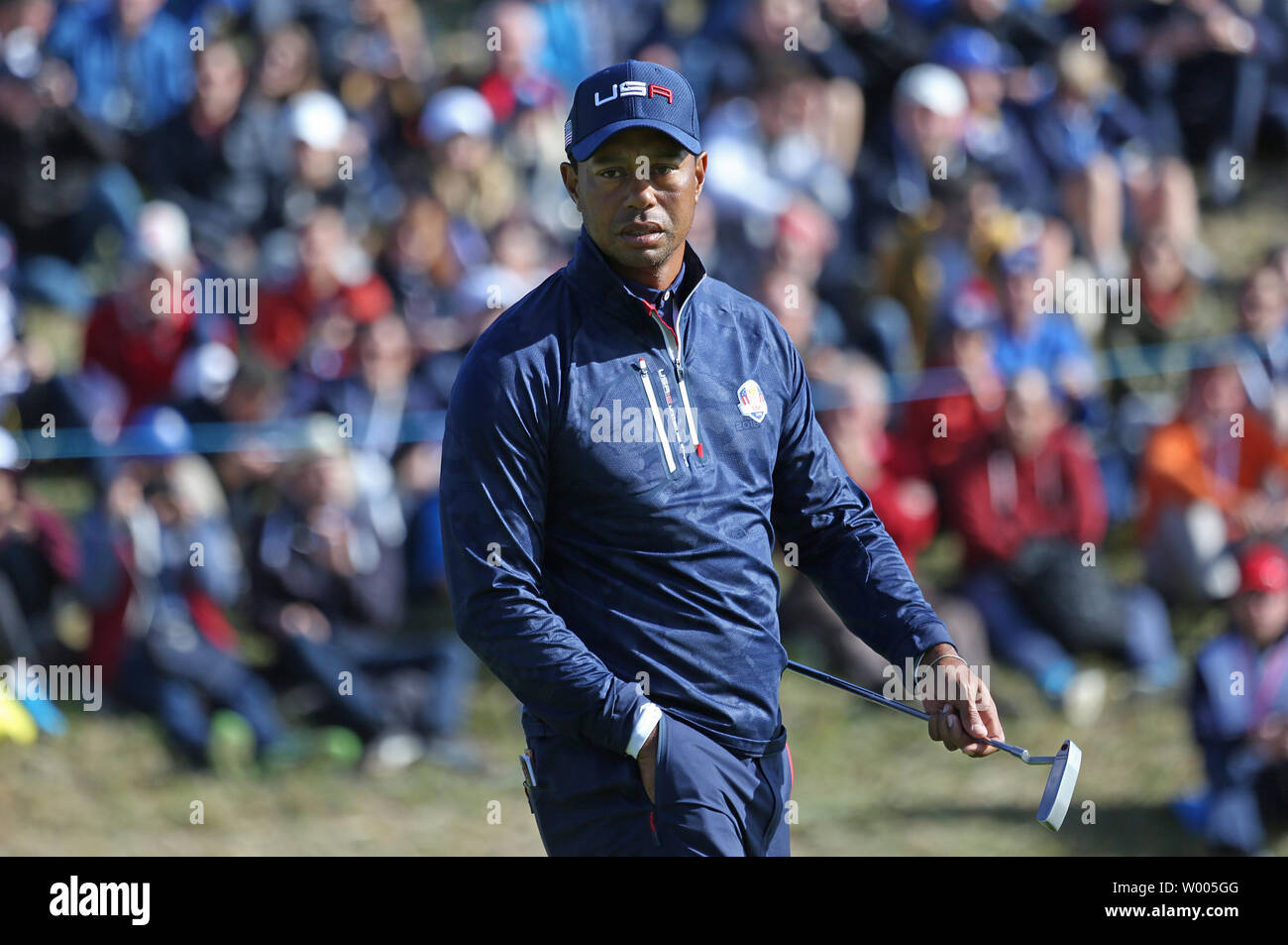 Tiger Woods pauses on the 9th green on day two of the Ryder Cup at Le ...