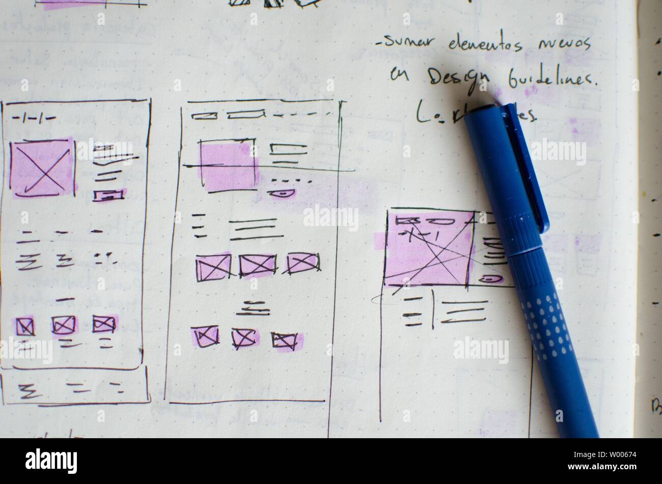 Closeup of UI/UX draft sheet with highlighted areas with a magic marker ...