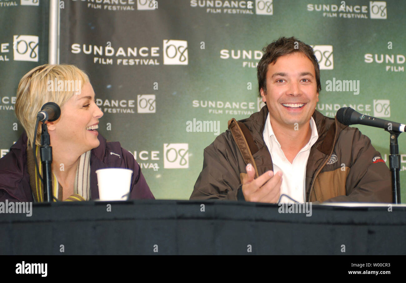 Actress Sharon Stone (L) and actor Jimmy Fallon attend a press ...