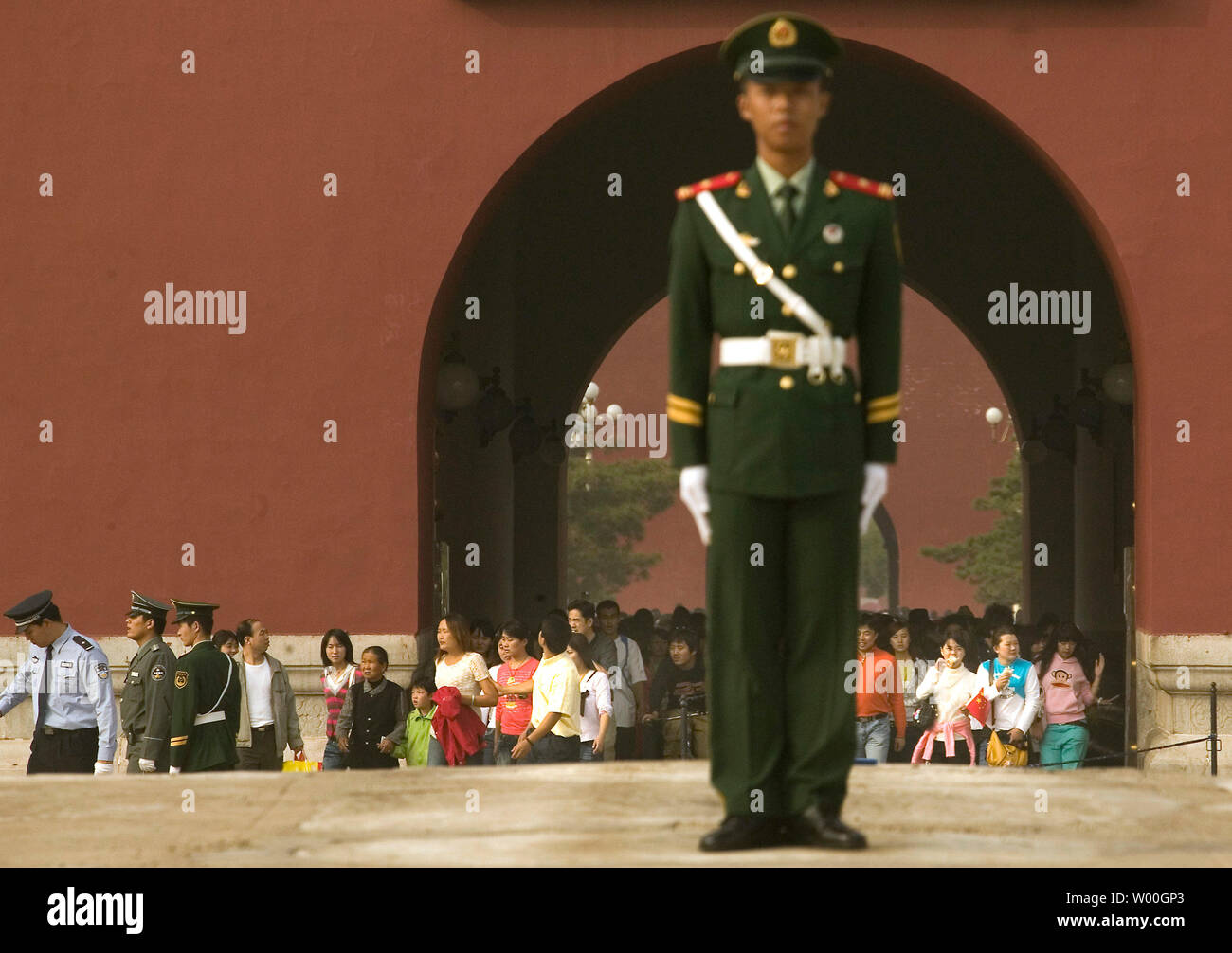 A Chinese People's Armed Police soldier stands on guard in front of ...