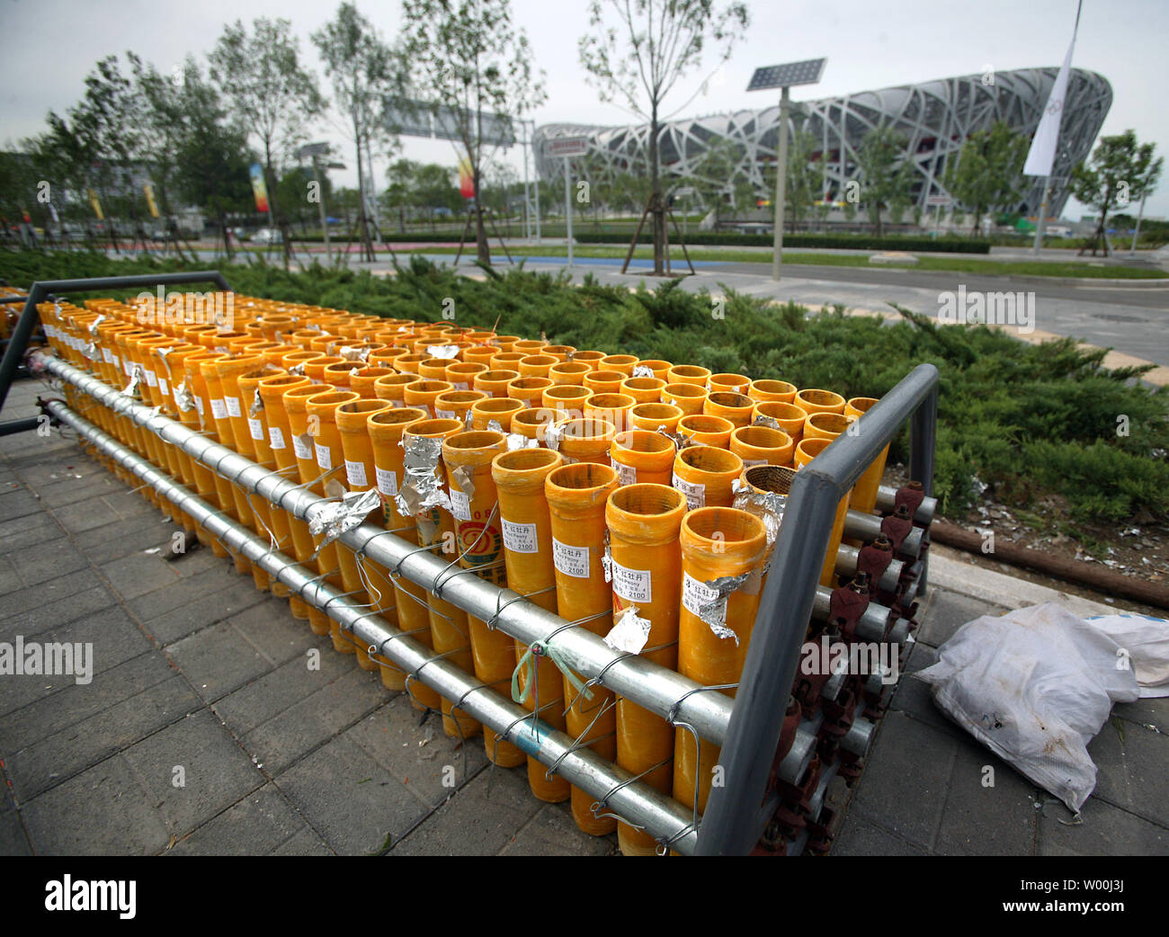 Spent firework cartridges from an Opening Ceremony dress rehearsal ...