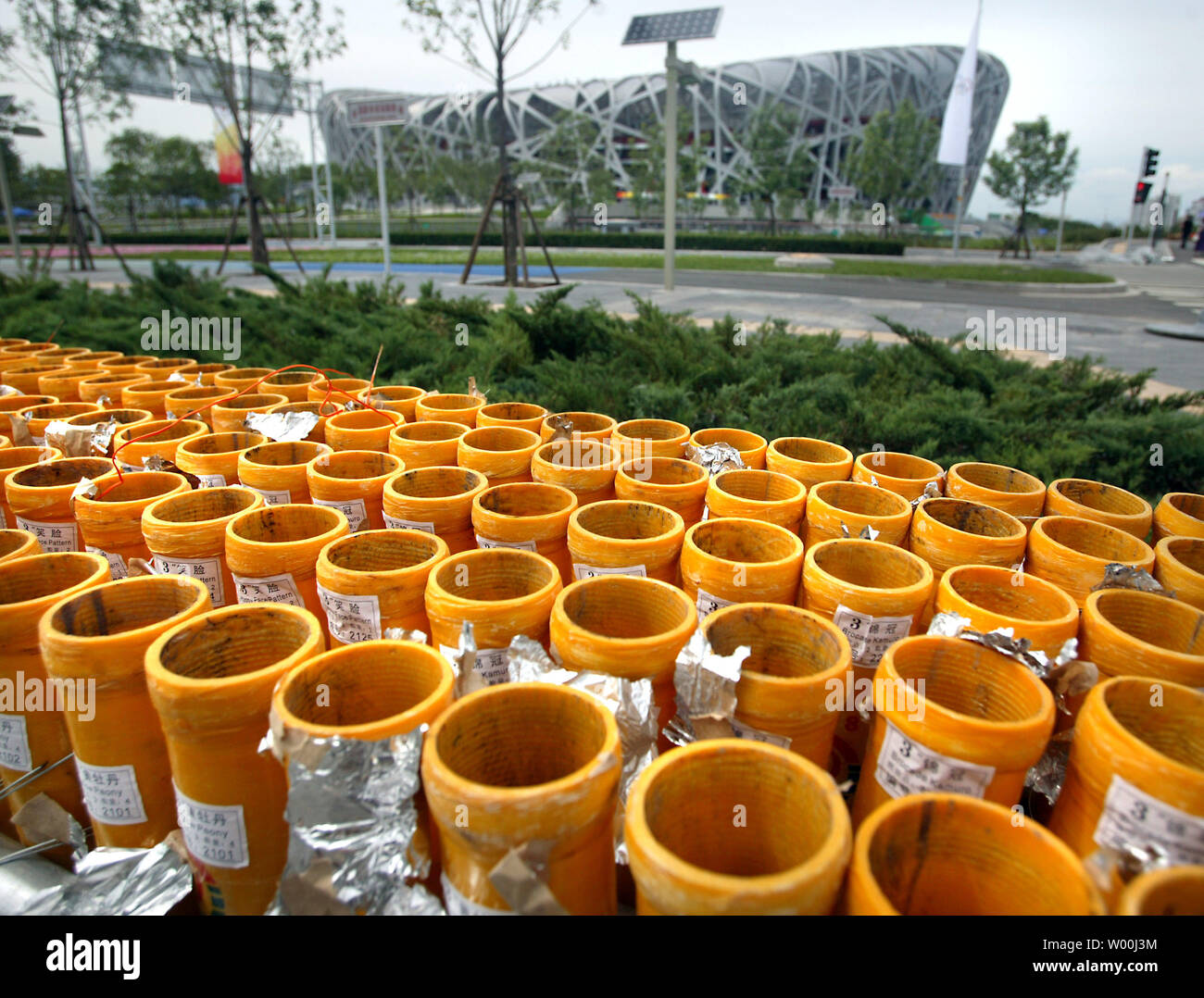 Spent firework cartridges from an Opening Ceremony dress rehearsal ...