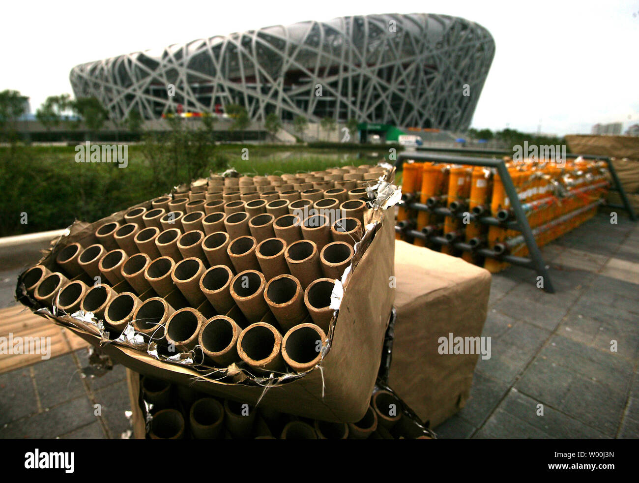 Spent firework cartridges from an Opening Ceremony dress rehearsal ...
