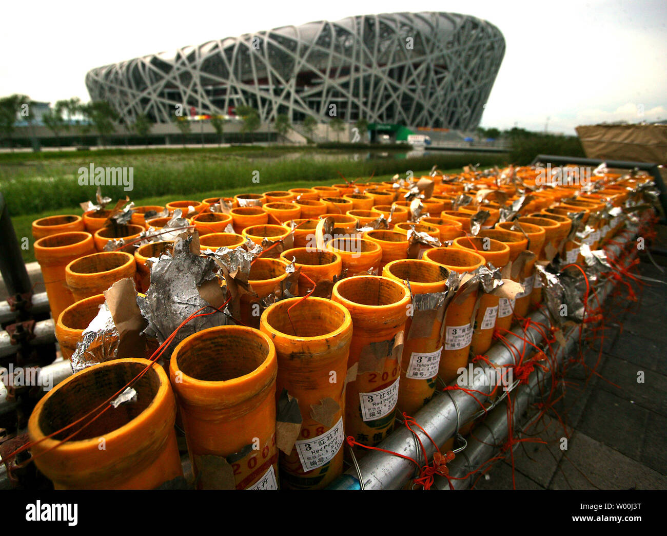 Spent firework cartridges from an Opening Ceremony dress rehearsal ...