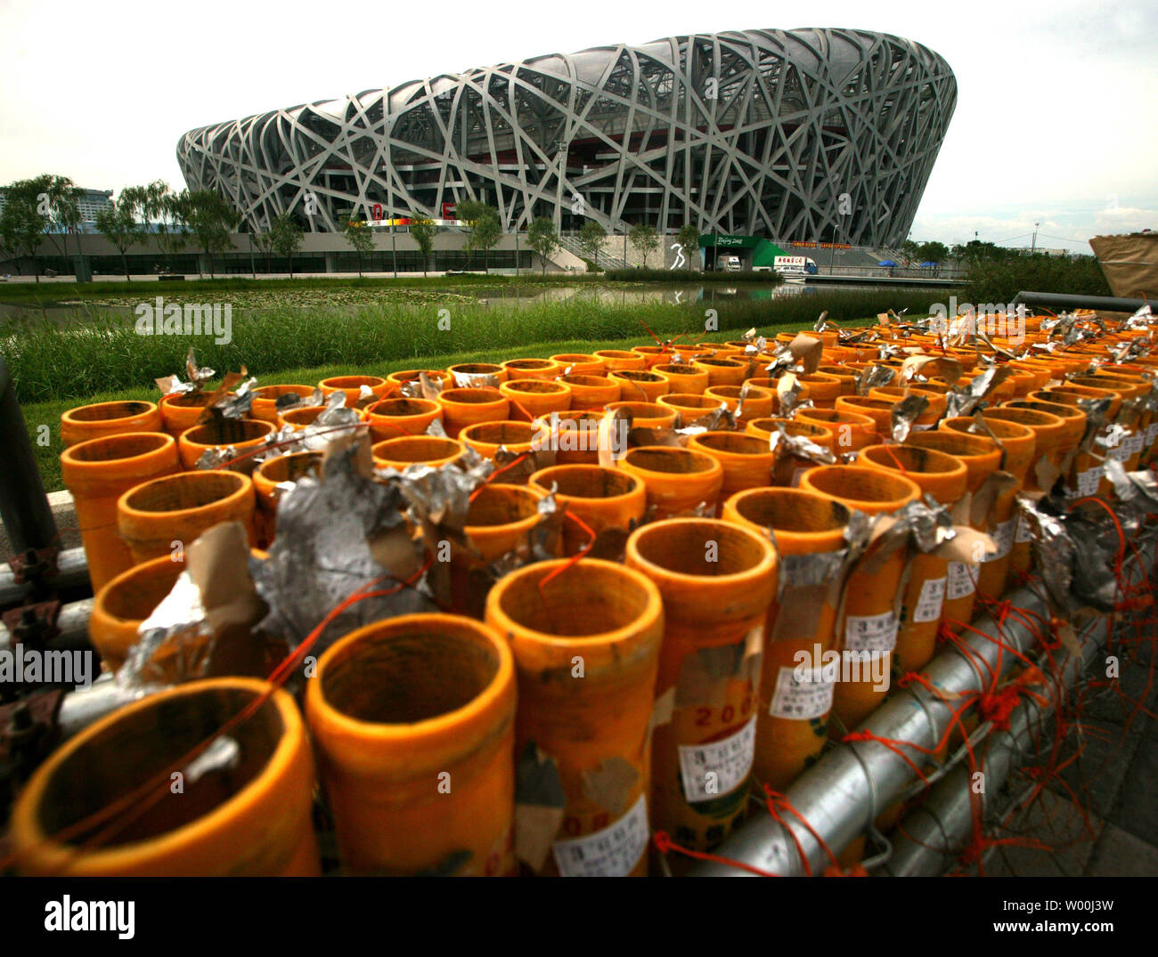 Spent firework cartridges from an Opening Ceremony dress rehearsal ...