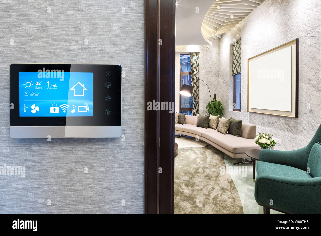 smart screen with smart home and modern living room Stock Photo - Alamy