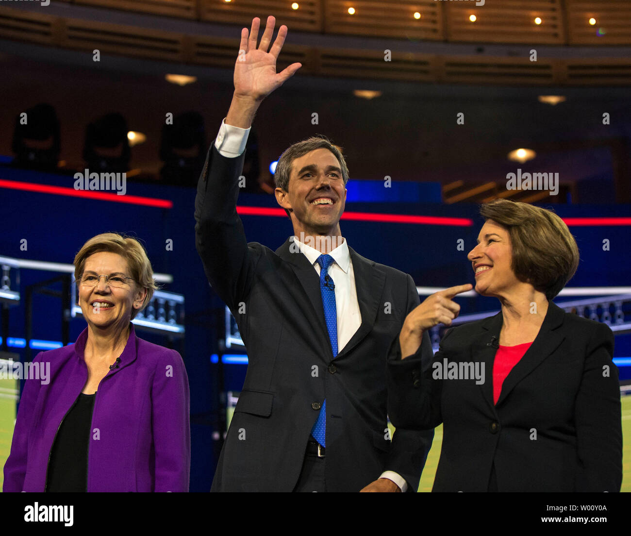 Miami, Florida, USA. 26th June, 2019. ELIZABETH WARREN, BETO O'ROURKE and AMY KLOBUCHAR (from ...