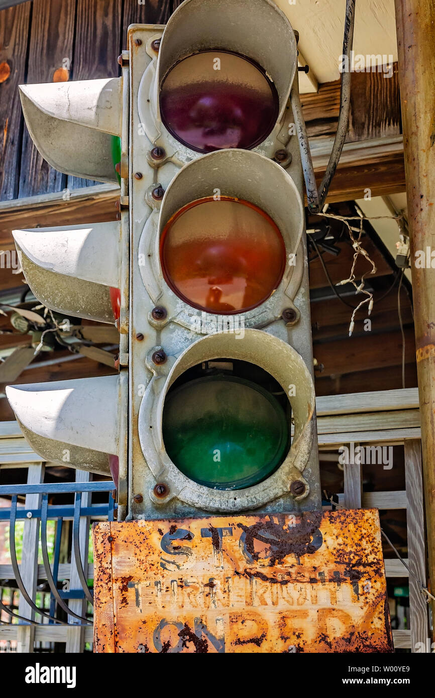 A vintage traffic signal is displayed downtown, June 23, 2019, in ...