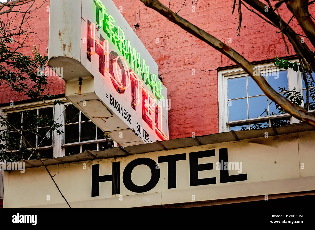 The neon sign of the Terminal Hotel is pictured, June 22, 2019, in ...