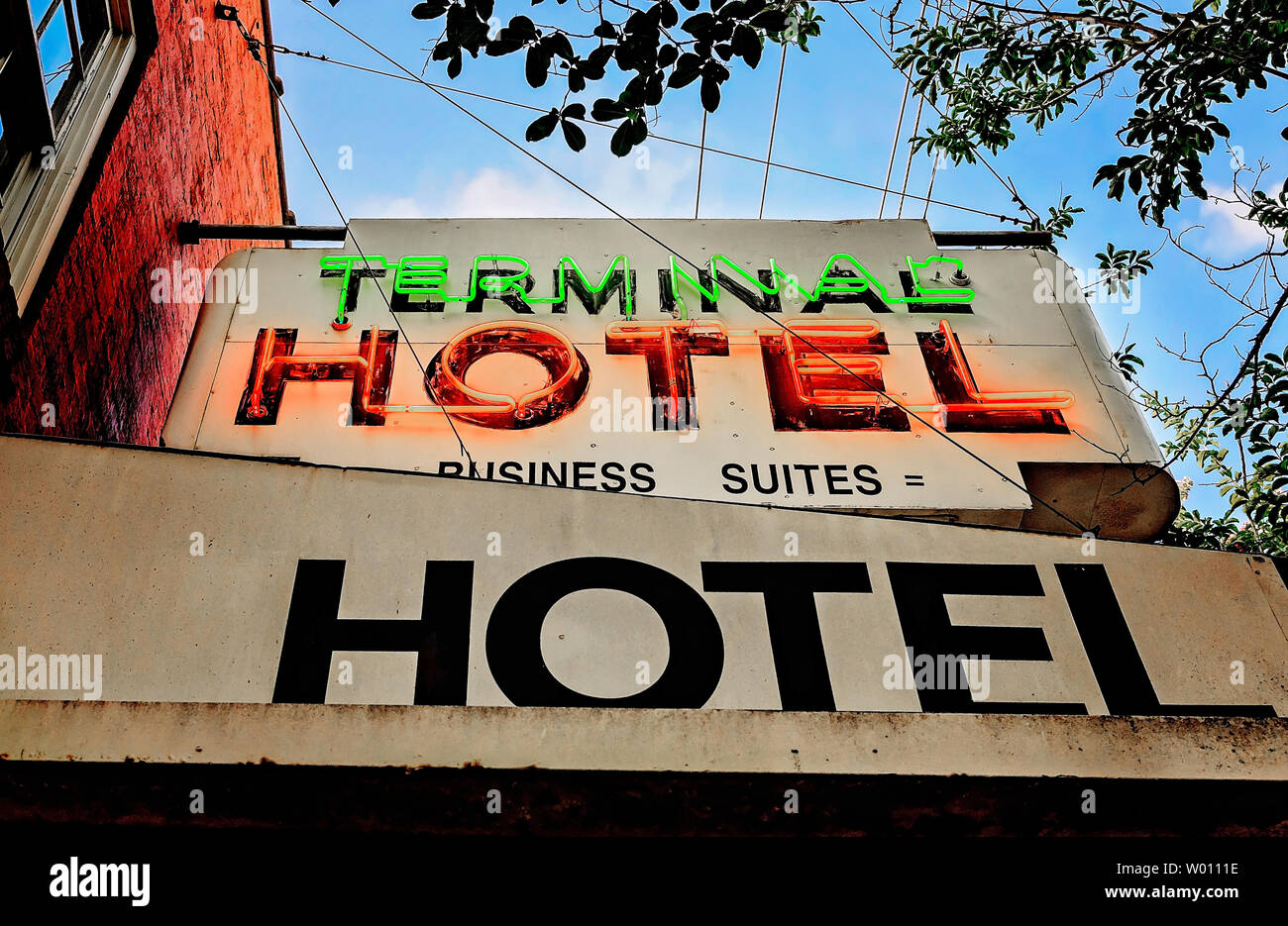 The neon sign of the Terminal Hotel is pictured, June 22, 2019, in ...