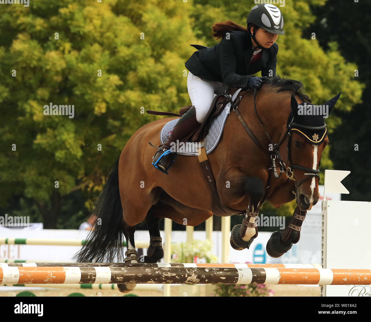 A Chinese jockey competes in the First China Show Jumping Open at the ...