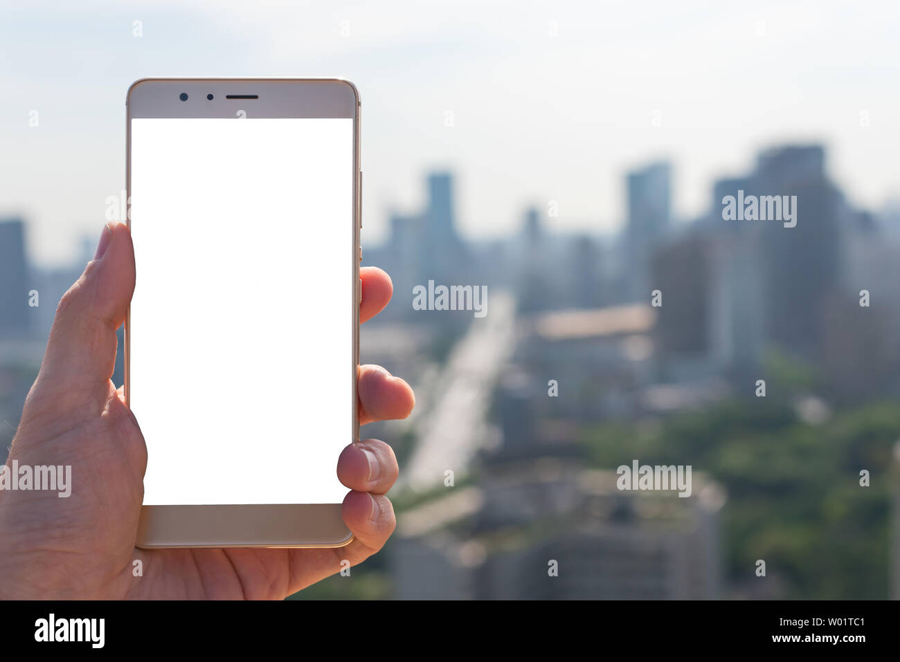 Hand-held blank screen phone Stock Photo - Alamy