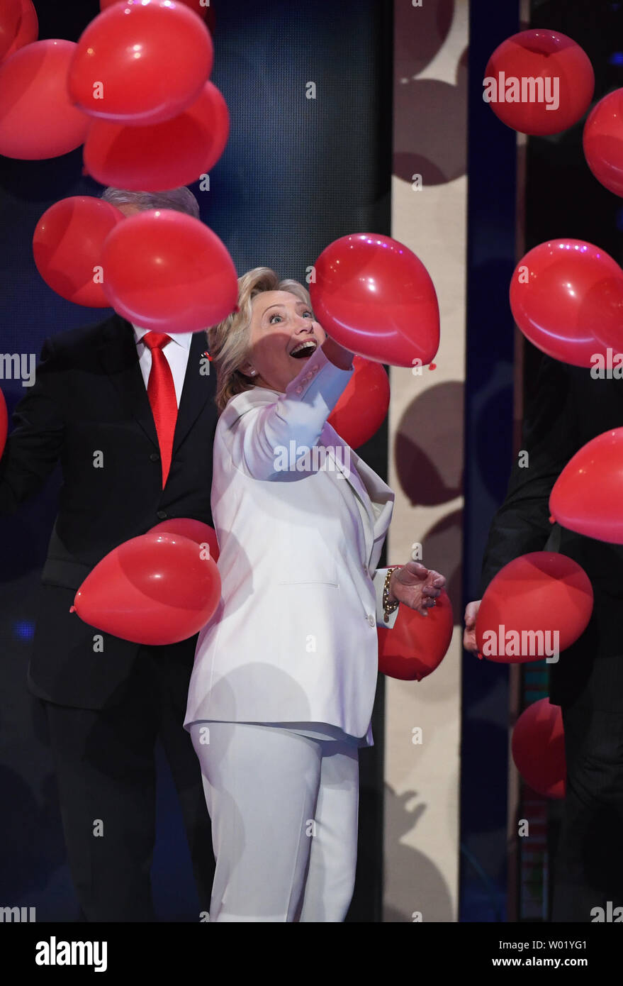 Democratic nominee for president Hillary Clinton marvels at the balloon ...