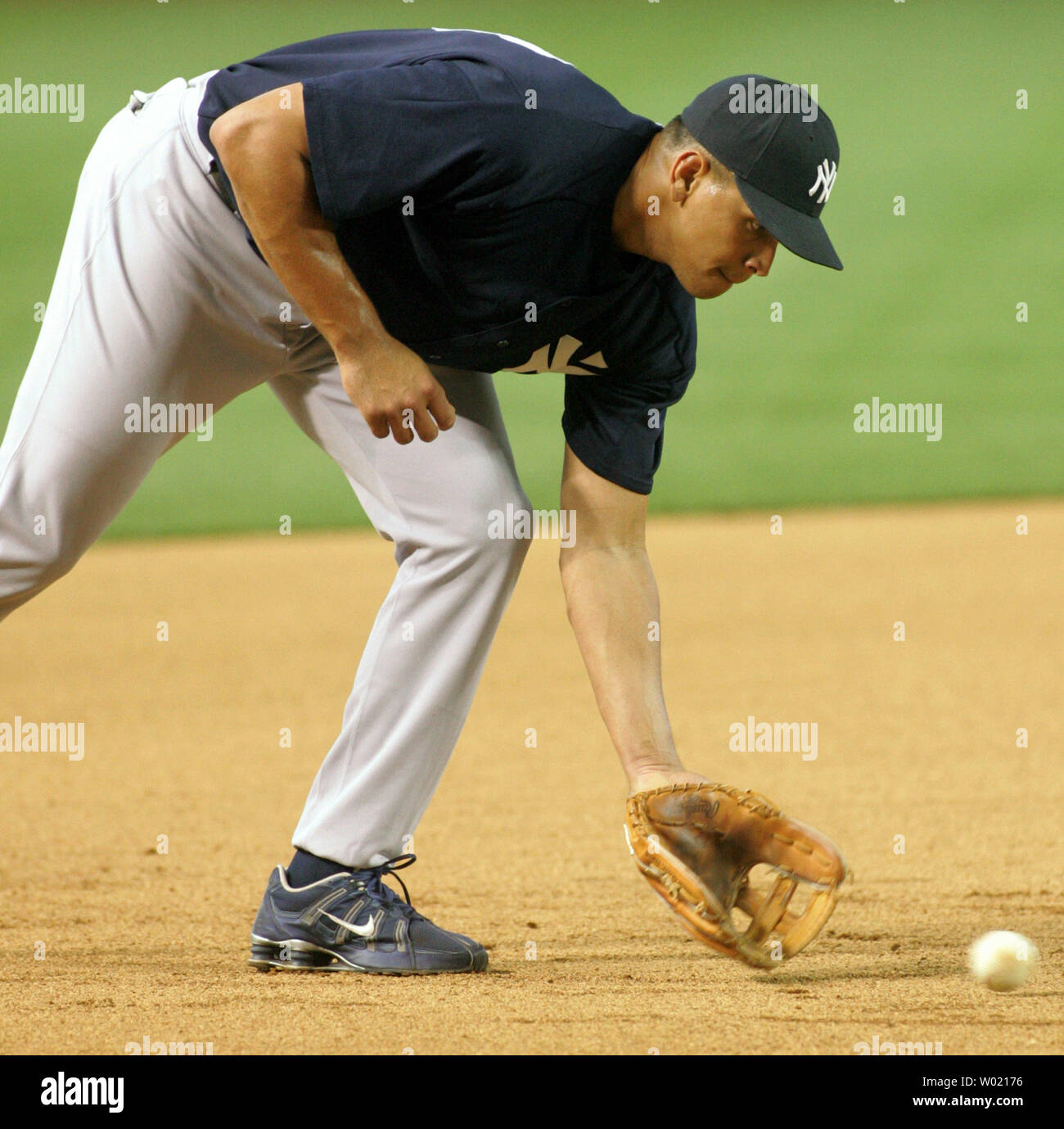 New York Yankees Alex Rodriguez takes infield practice before the game ...