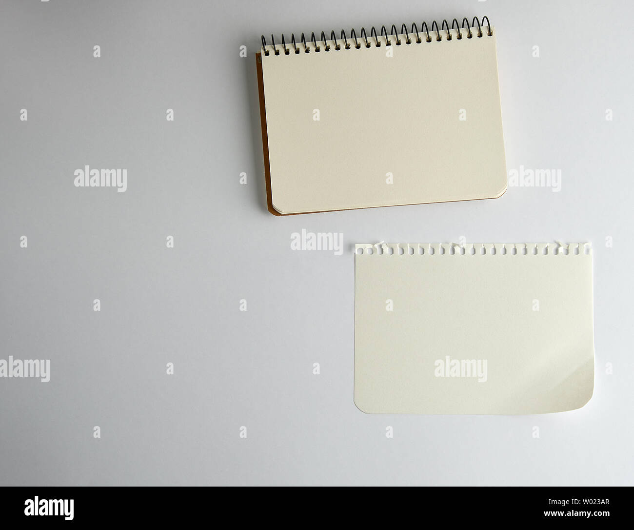 open spiral notepad with empty white sheets on a white background, top ...