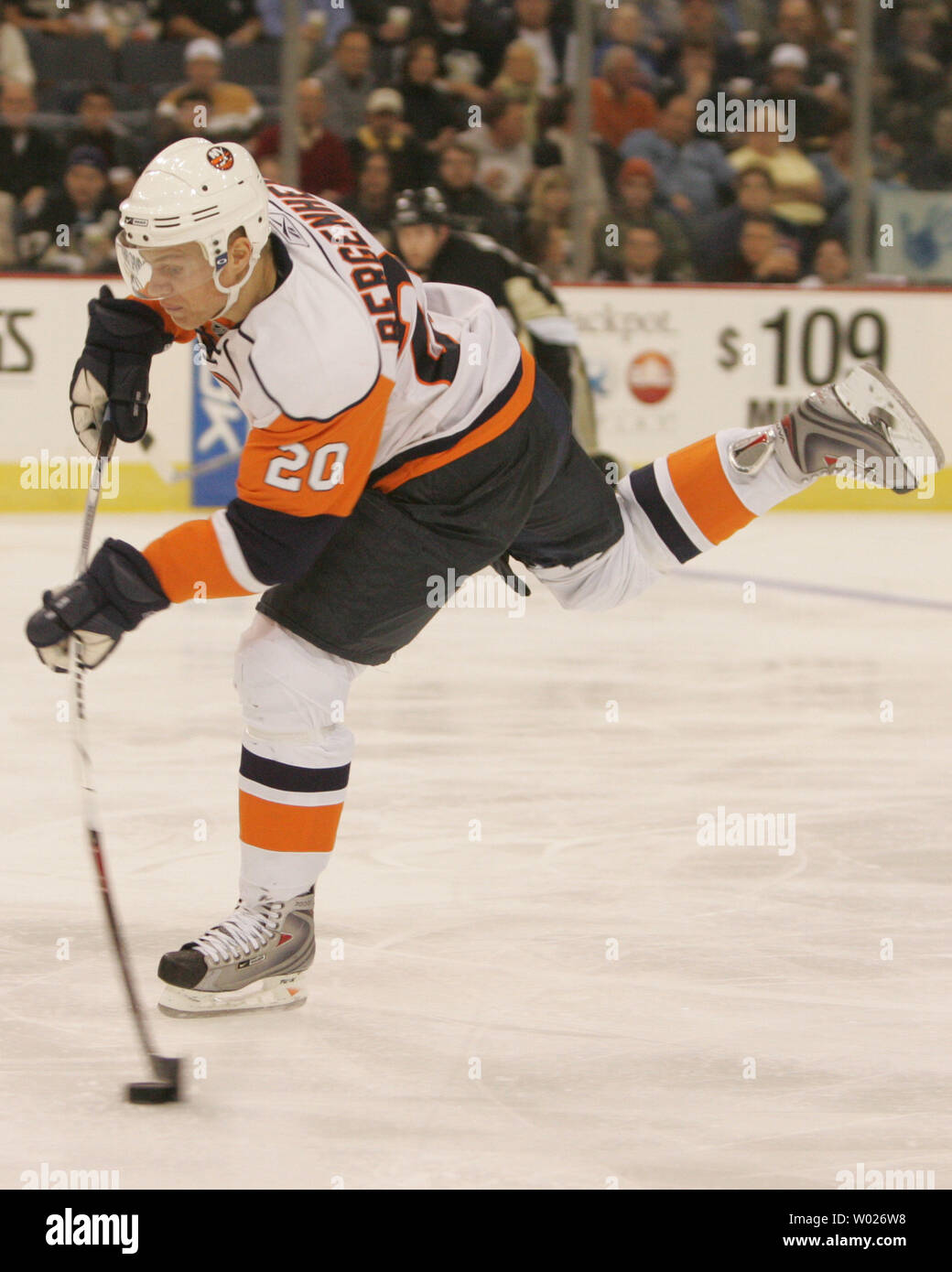 New York Islanders Sean Bergenheim takes a slap shot against Marc-Andre ...