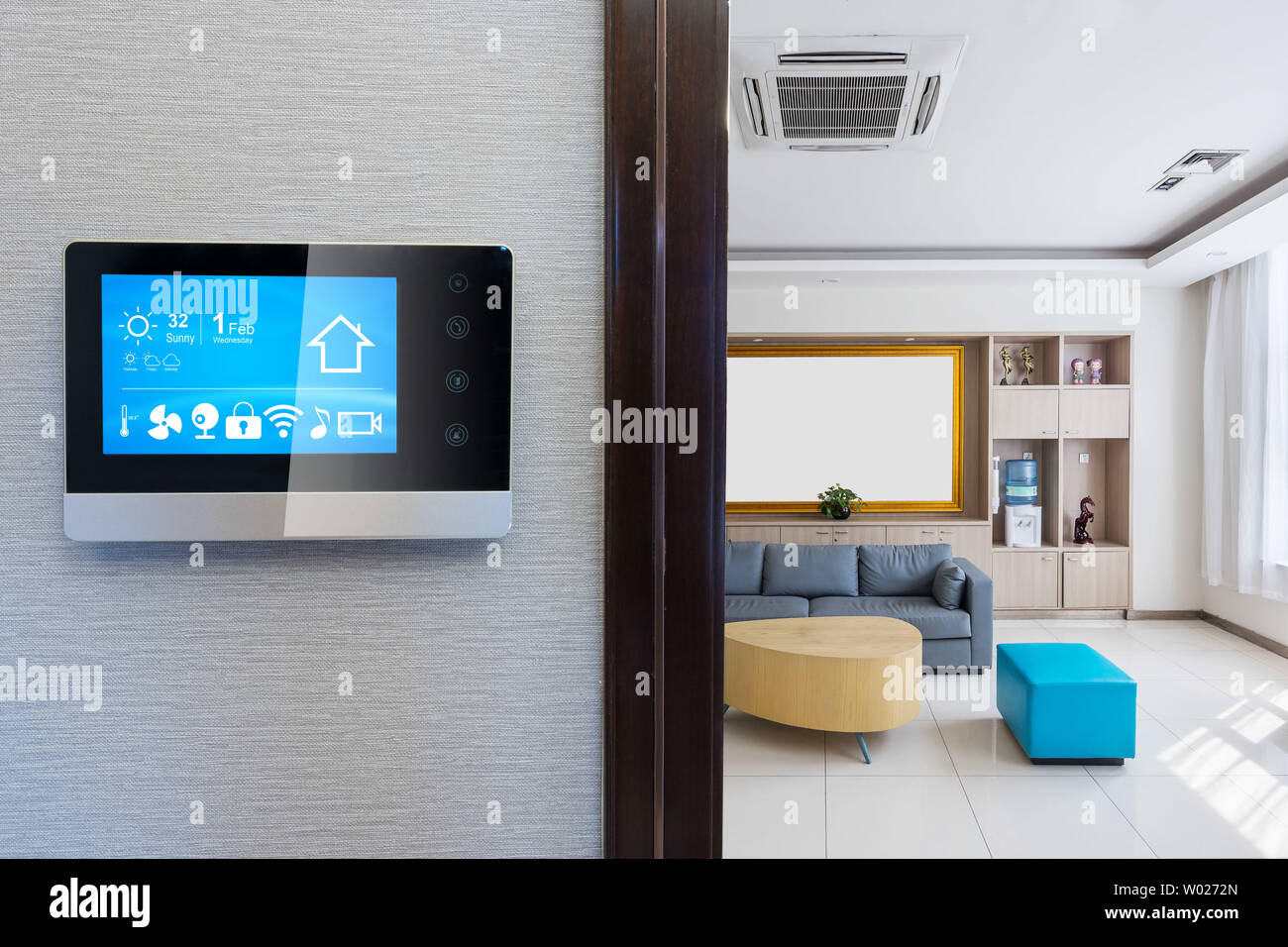 intelligent screen with smart home in modern living room Stock Photo ...