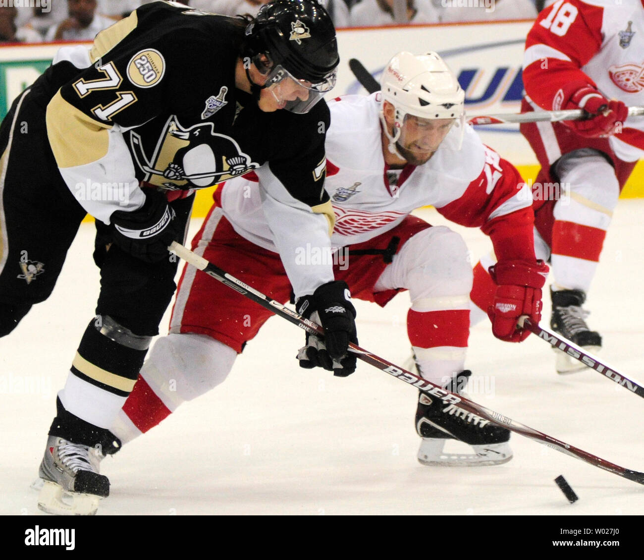 Red Wings Brian Rafalski fights for the puck against the Pittsburgh ...