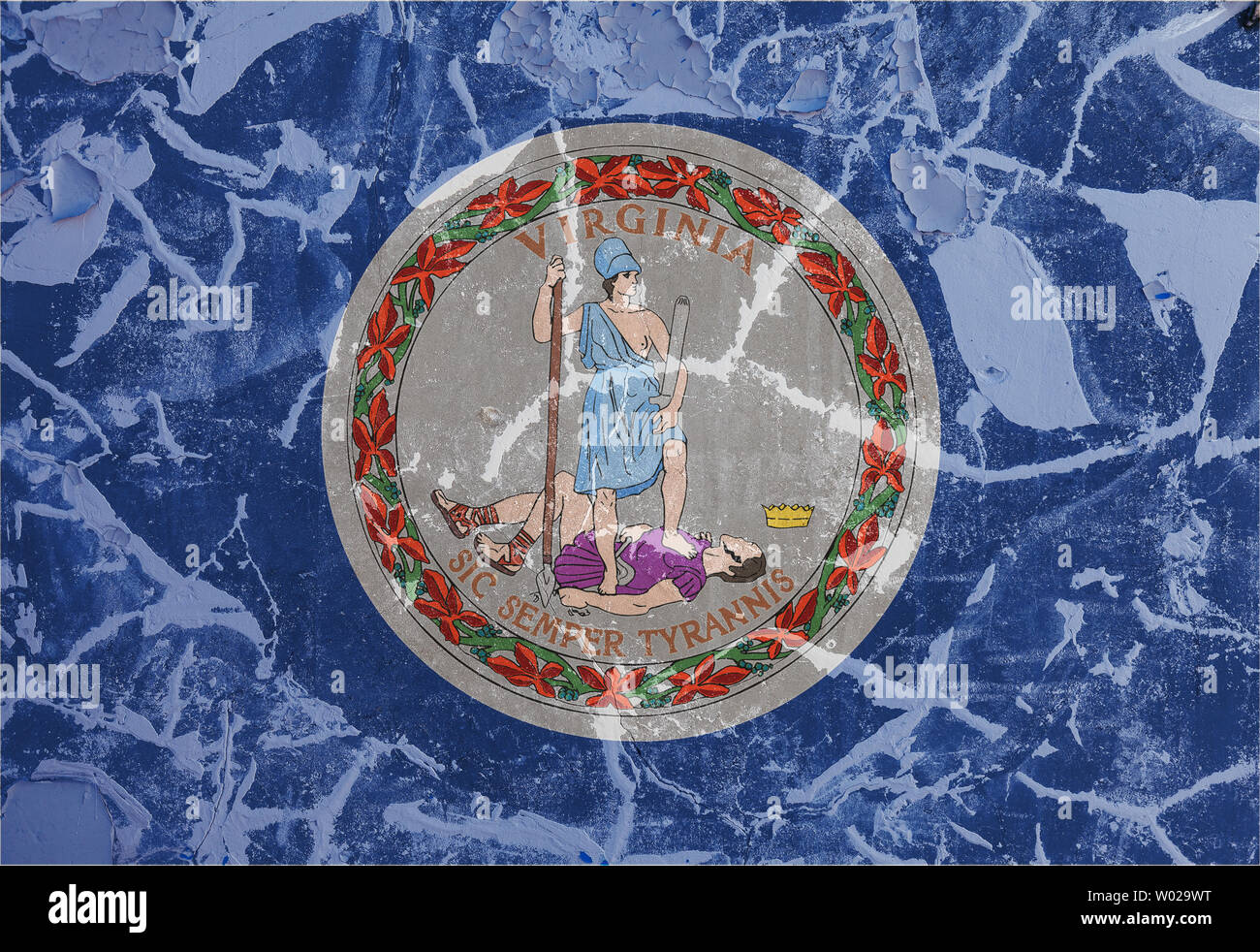 The national flag of the US state Virginia in against a gray wall with ...