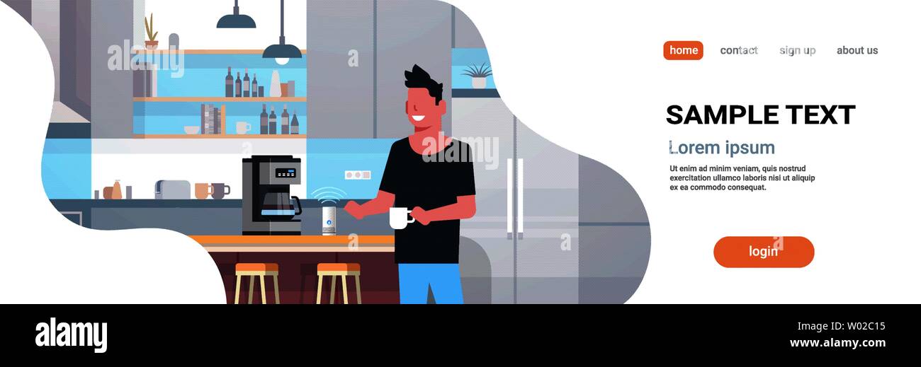 man using coffee machine controlled by smart speaker voice recognition ...