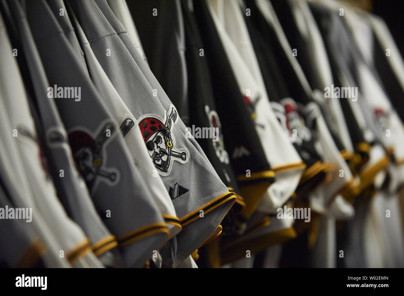 Pittsburgh Pirates jerseys are lined up in the equipment room at PNC ...